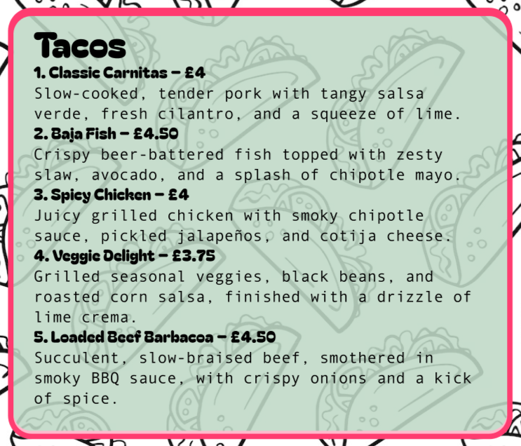 Menu – Guac 'n' Roll